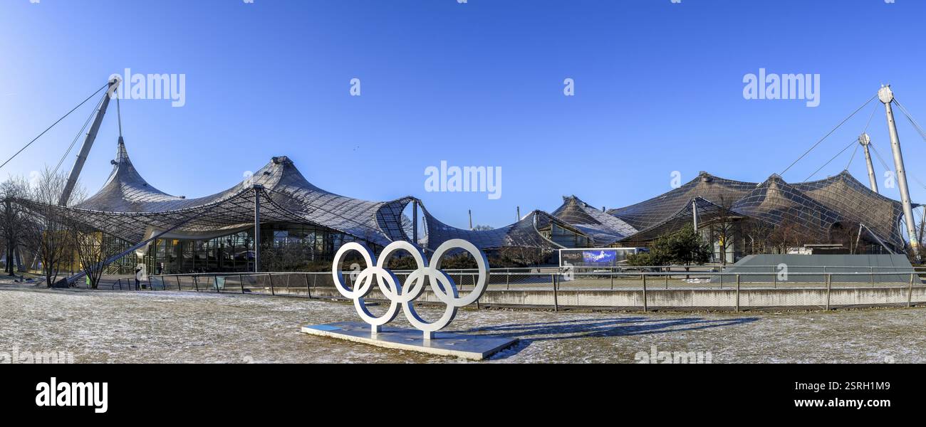Panoramic photo of the sculpture of the Olympic rings and in the ...
