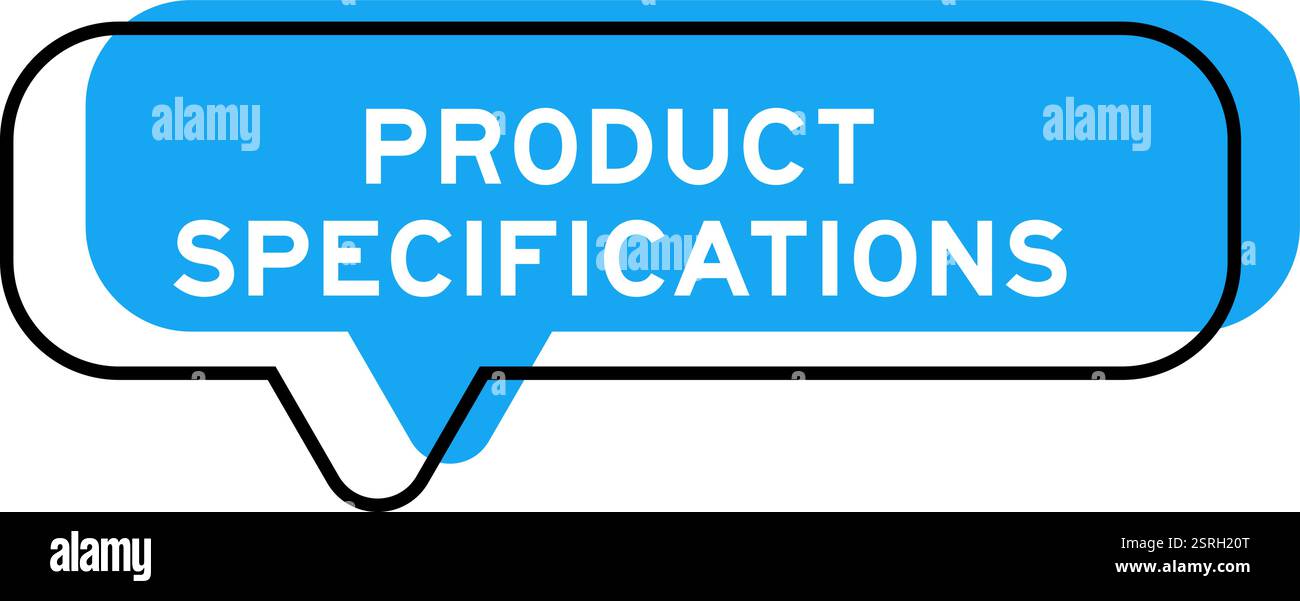 Speech banner and blue shade with word product specifications on white ...
