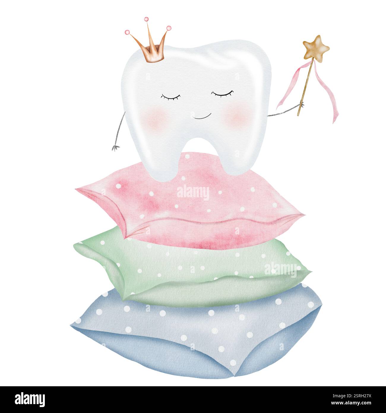 Baby tooth watercolor on the pillows. Cute cartoon molar with crown on ...