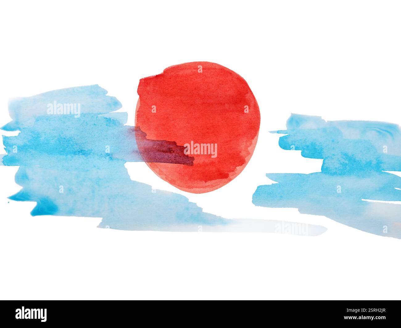 Red circle sun in blue clouds painted with watercolors on paper ...