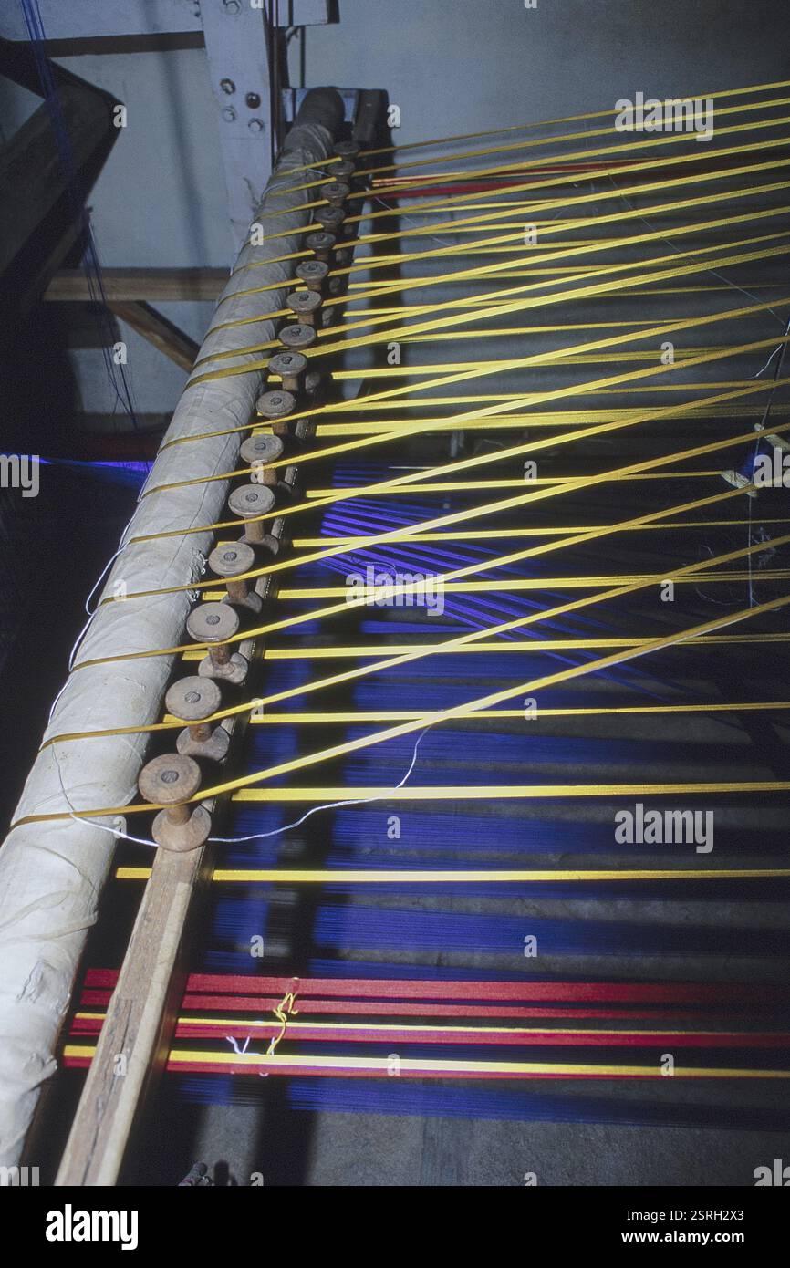 Threads of silk on handloom for saree, Paithan, Maharashtra, India ...