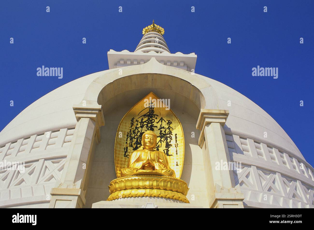 Gilded statue of Buddha sermon position on wall of Vishwa Shanti World ...