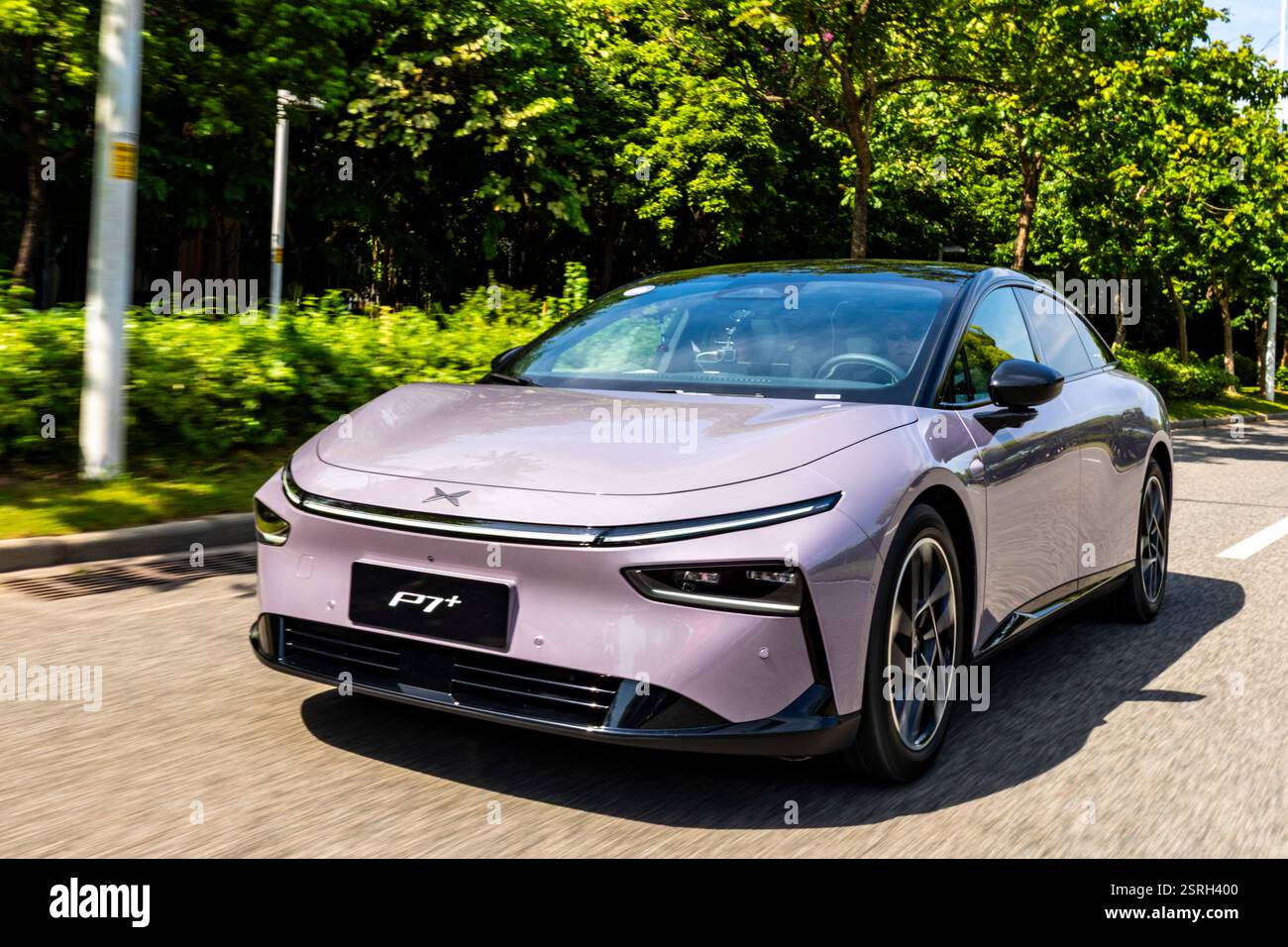 An XPeng P7+ Ultra Long Range Max version being driven on a test drive ...