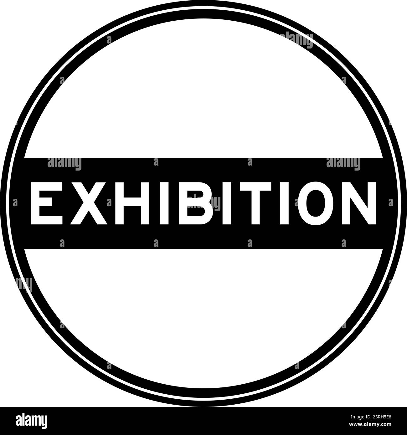 Black color round seal sticker in word exhibition on white background ...