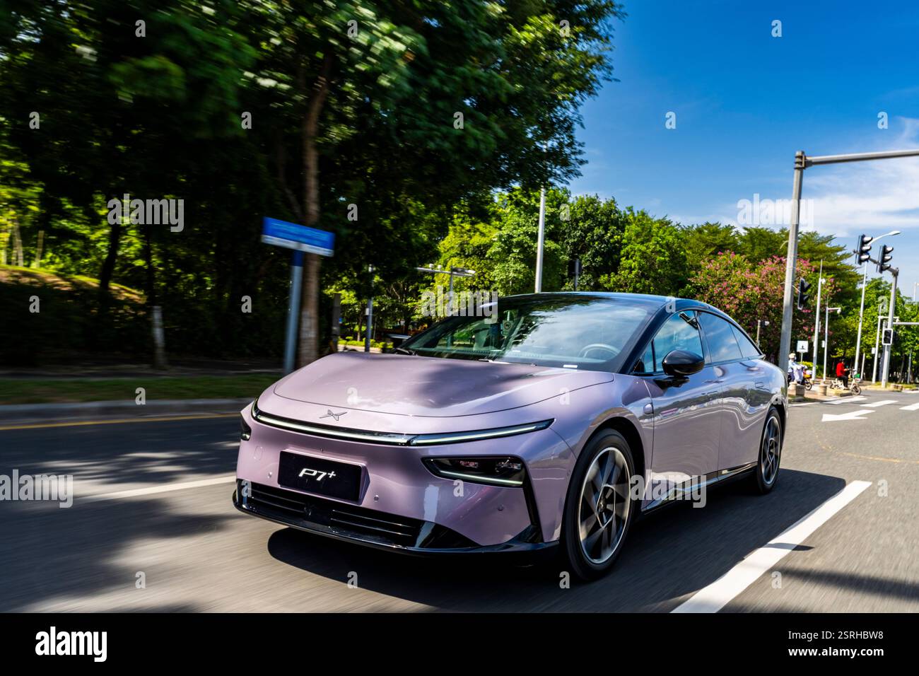 An XPeng P7+ Ultra Long Range Max version being driven on a test drive ...