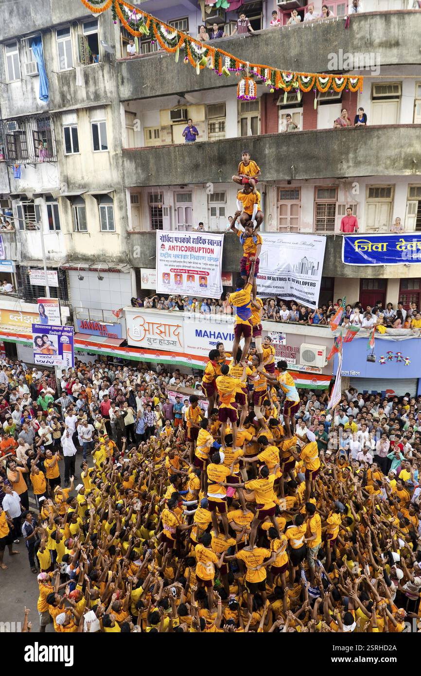 Govindas preparing human pyramid to break dahi handi at dadar mumbai ...