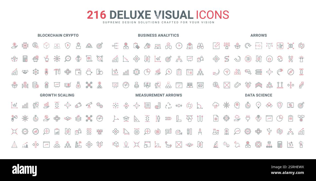 Science and business analytics services and software, scaling and measuring arrows line icon set ...