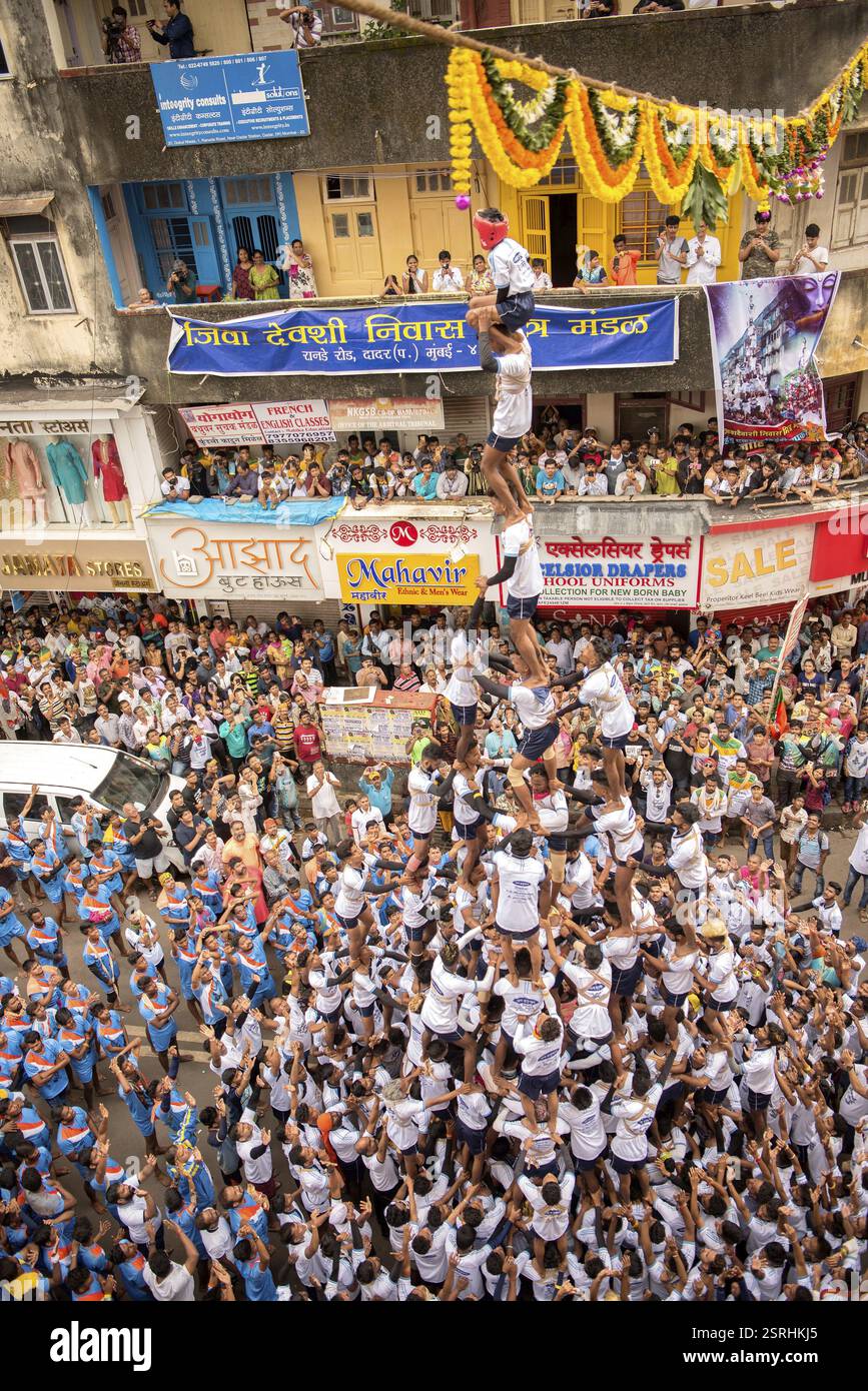 Men making human pyramid to break Dahi Handi, Janmashtami festival ...