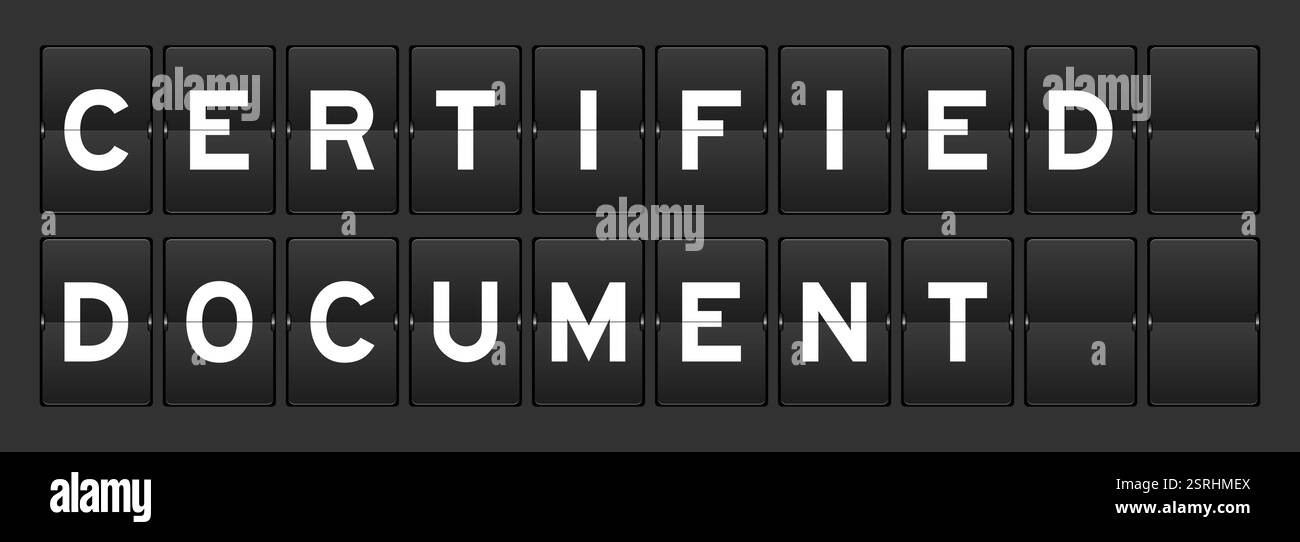 Black color analog flip board with word certified document on gray ...