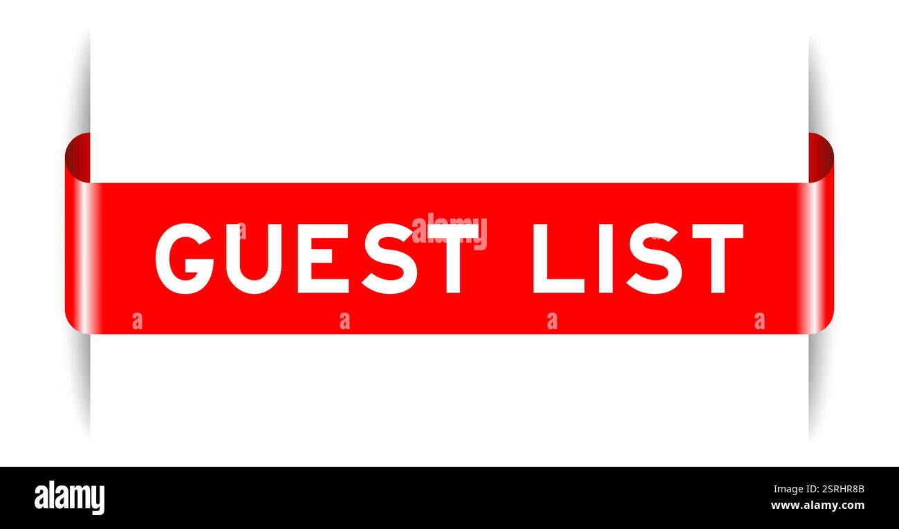 Red color inserted label banner with word guest list on white ...