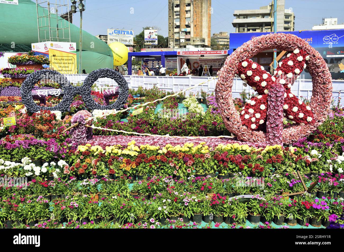 Charkha made of flowers, Flower Show, Surat, Gujarat, India, Asia Stock ...