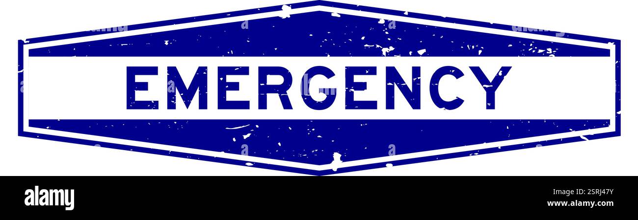 Grunge blue emergency word hexagon rubber seal stamp on white ...
