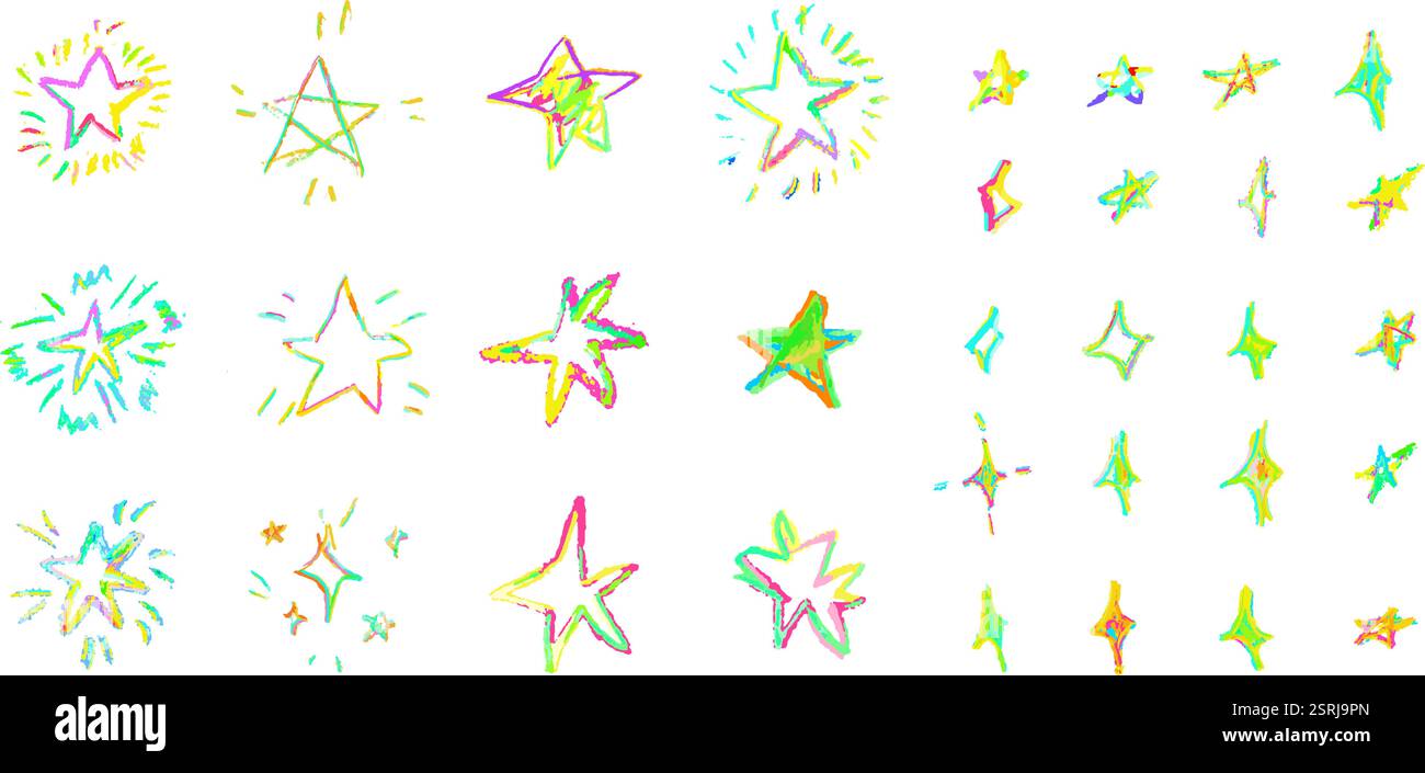 Set of colorful neon chalk drawing stars. Shine or sparkle doodle ...