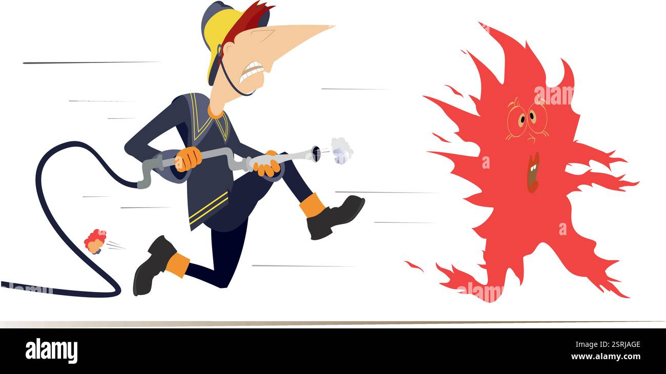 Firefighter in action. Frightened cartoon fire running away from an ...
