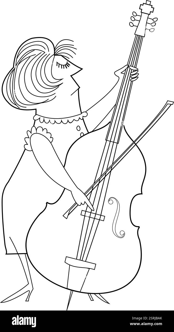 Cartoon woman playing cello. Cartoon cellist woman. Outline black and ...