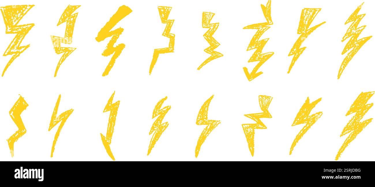 Set of lightning by wax pencil drawing. Collection of handdrawing chalk ...