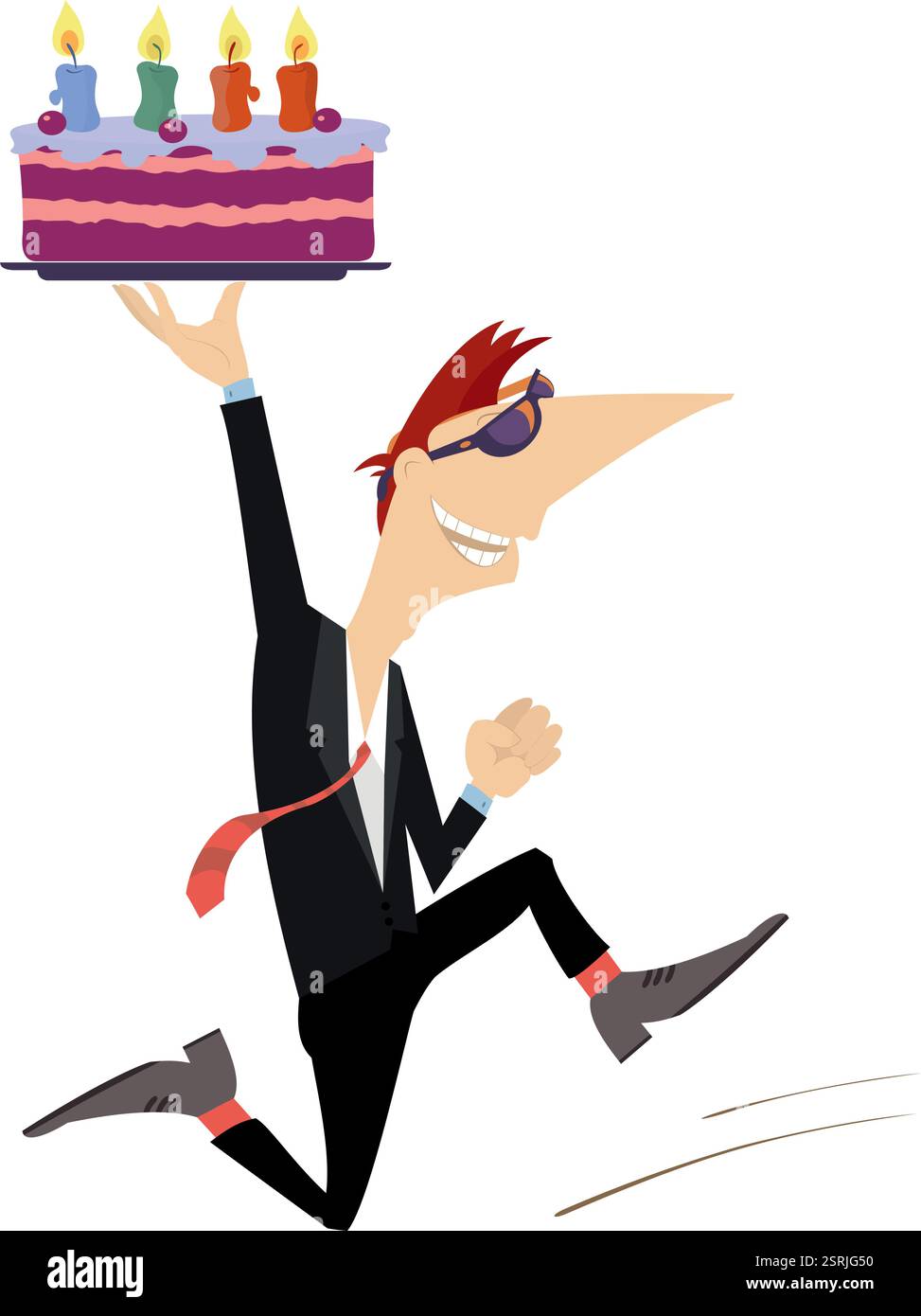 Cartoon running man holding a cake with candles. Happy running young ...