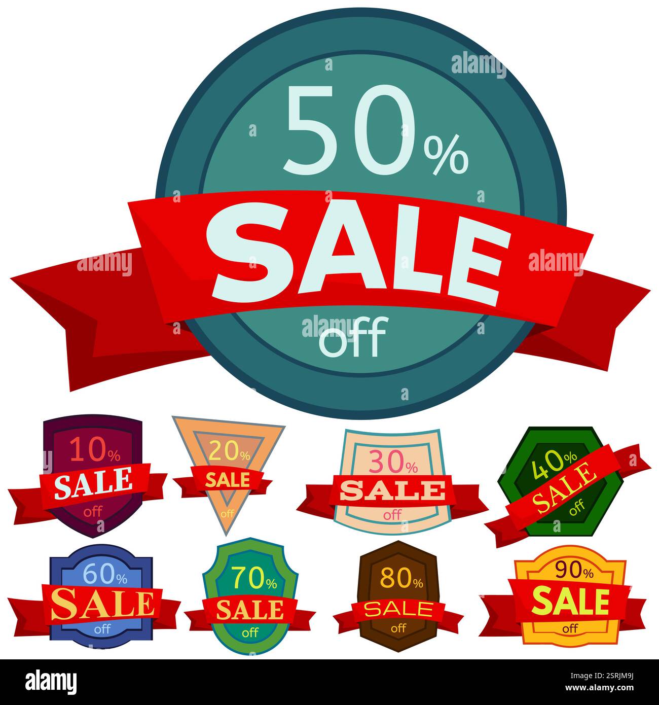 Set of different nine discount stickers. Colorful badges with red ribbon for sale 10 - 90 ...