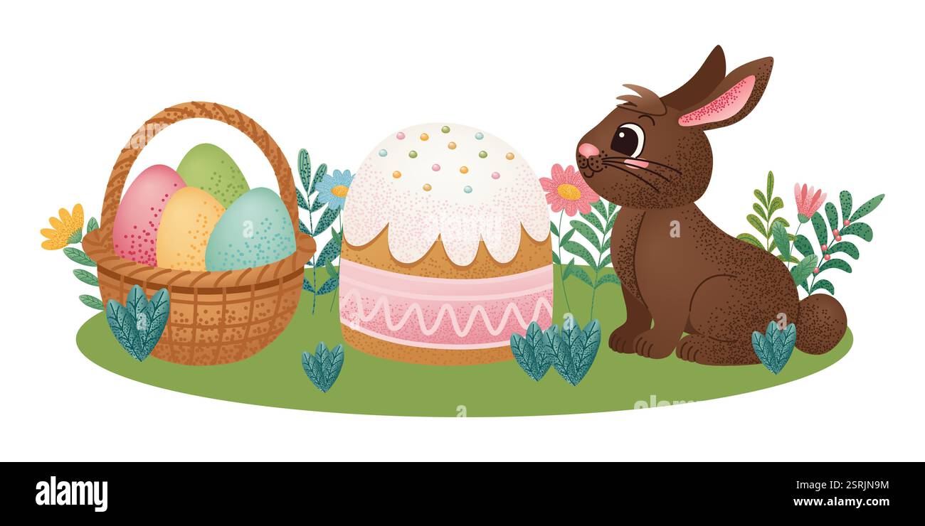 Chocolate rabbit sitting next to an Easter cake and a basket of ...