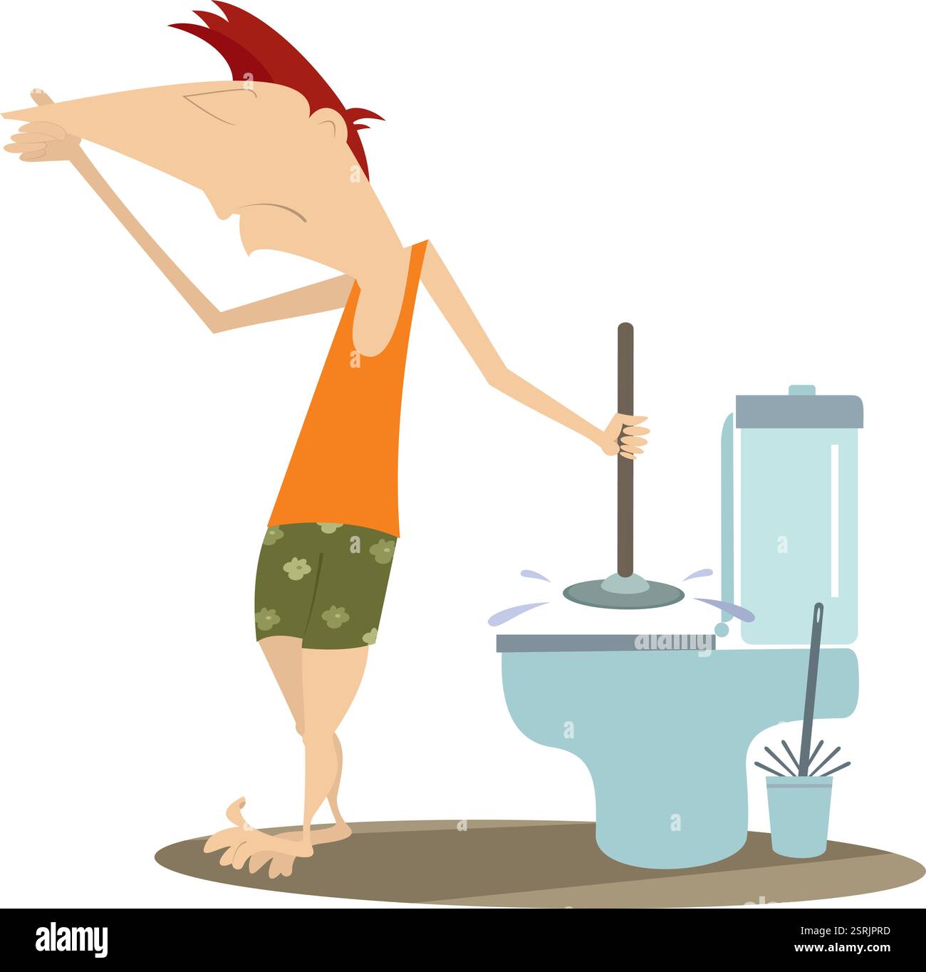 A young man with a plunger in his hand tries to clear a blockage in a toilet and plugs his nose ...