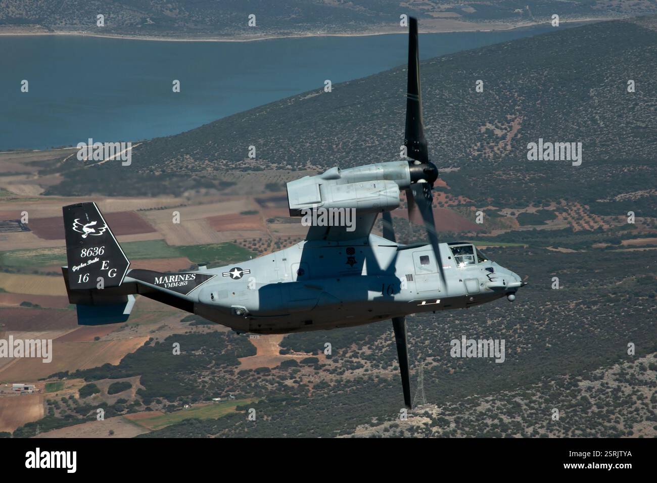 Marines OV-22 Osprey in flight. Tilt-rotor aircraft capable of vertical ...
