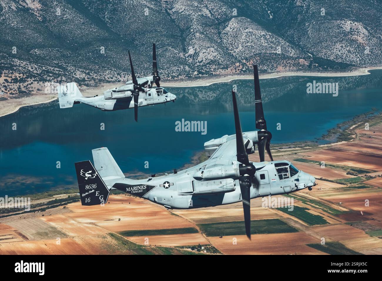 US Marines OV-22 Osprey conducting a deployment operation. Tilt-rotor ...
