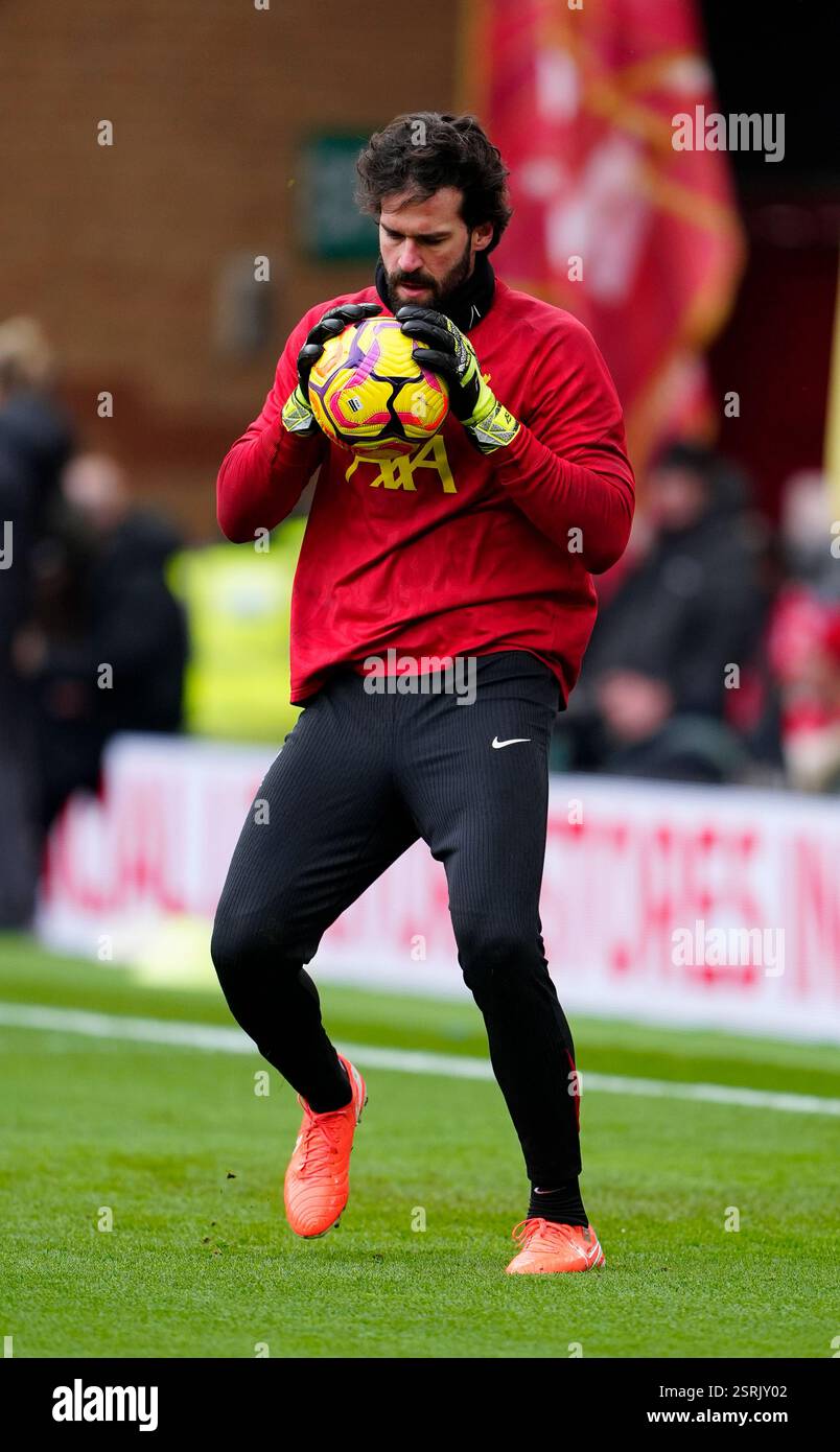 Liverpool goalkeeper Alisson Becker warms up before the Premier League ...