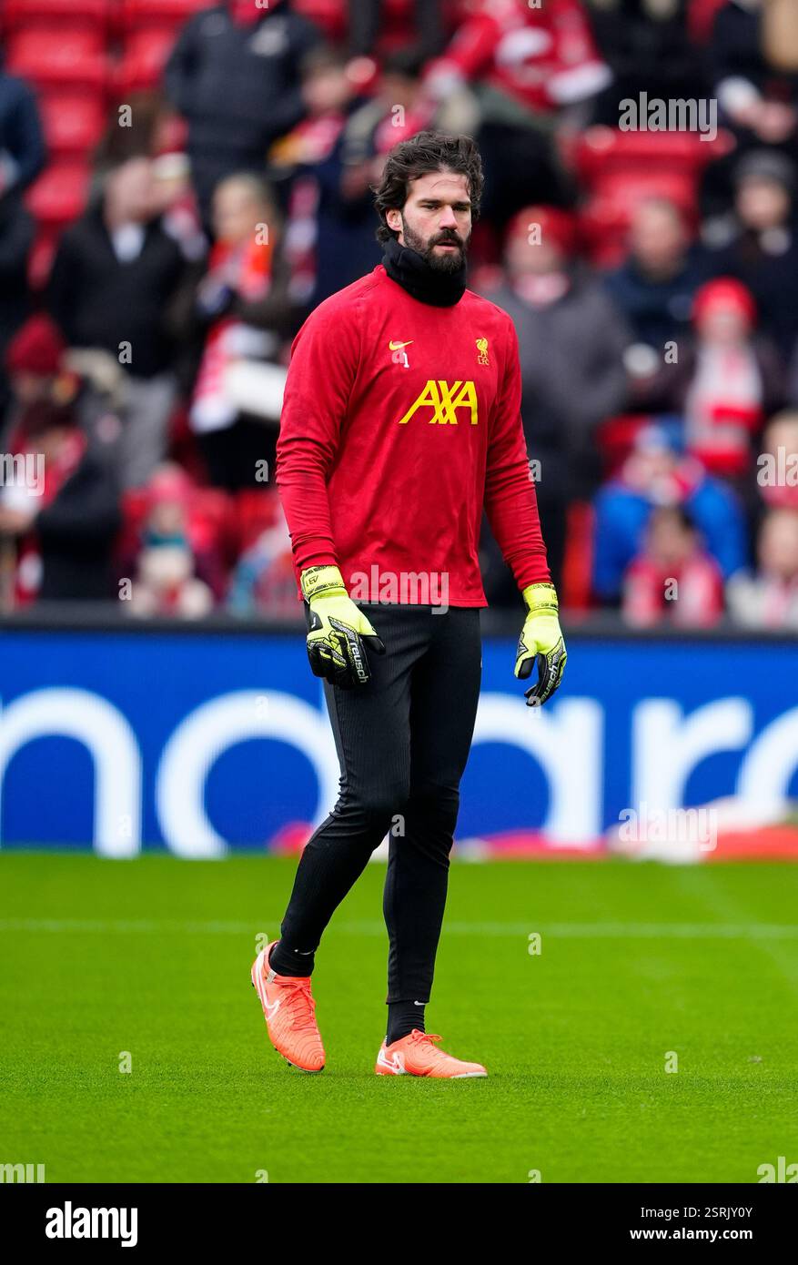Liverpool goalkeeper Alisson Becker warms up before the Premier League ...