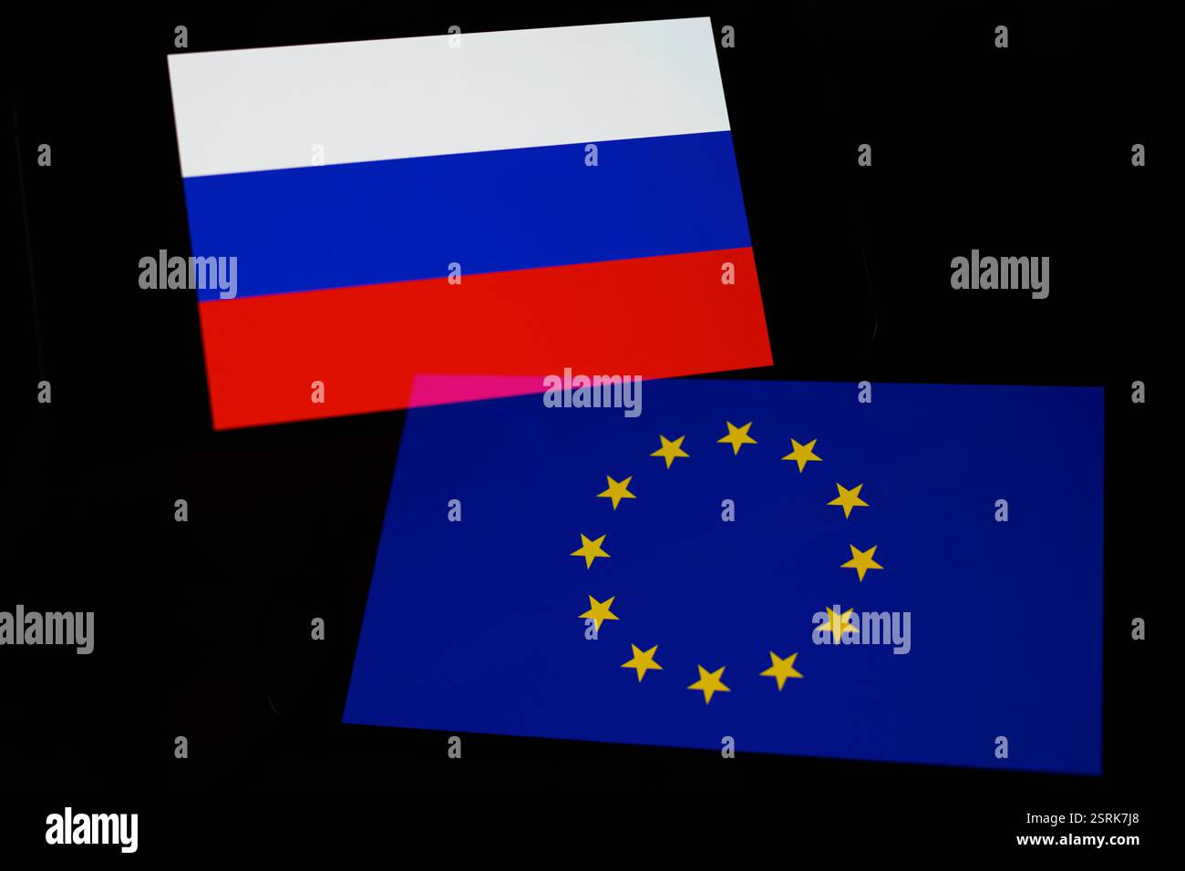 Russian and EU flags are seen in this illustration photo taken in ...