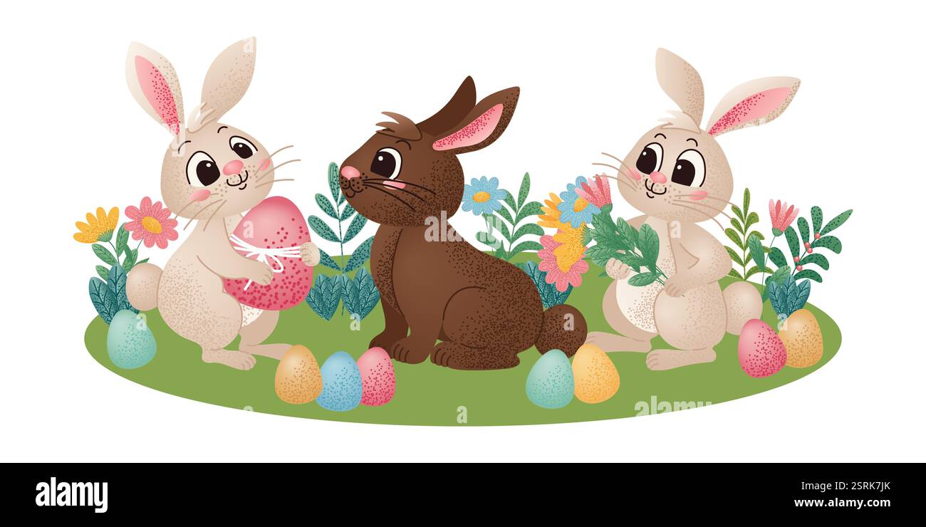 Two white rabbits and a brown rabbit sitting on green grass surrounded ...