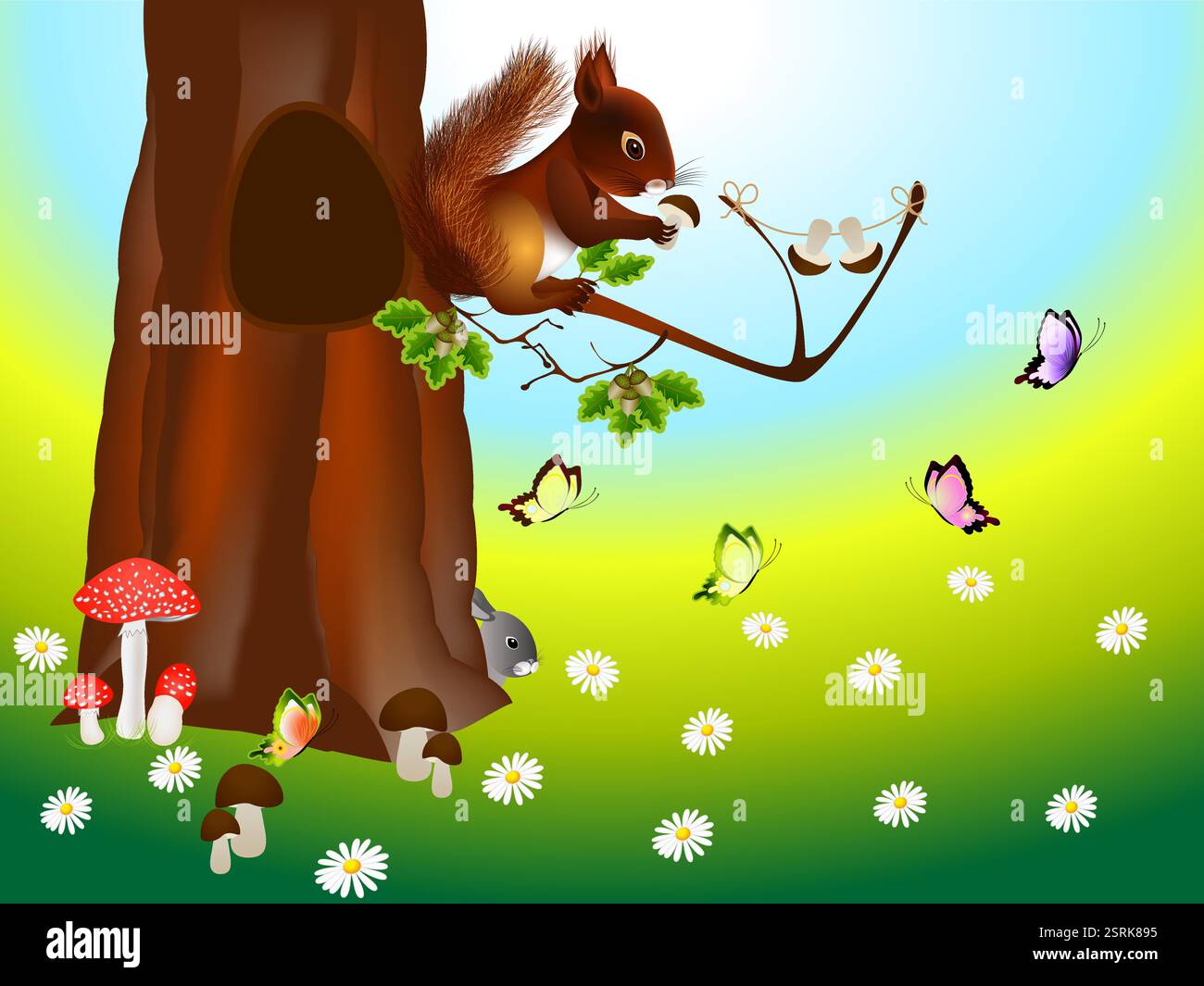 Glade in the forest with cartoon animals and plants Stock Vector Image ...