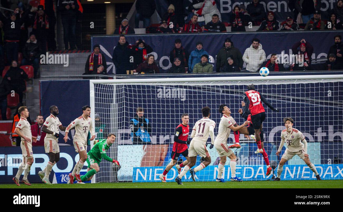 Leverkusen, Germany. 15th Feb 2025. Jeremie Frimpong (LEV) trifft die Latte Kingsley Coman (FCB ...