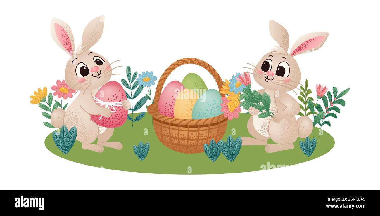 Two cute bunnies celebrating easter, holding a decorated egg and a bouquet of spring flowers ...
