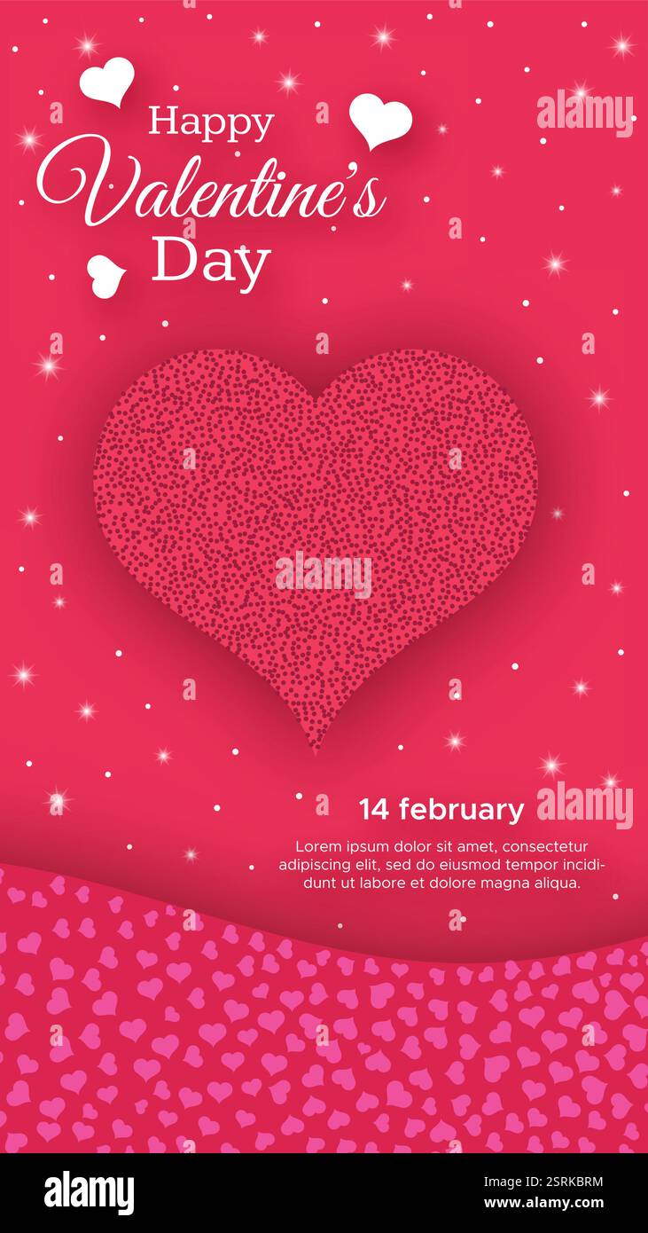 Happy Valentines Day Background. Red greeting stories banner with text and hearts. Vector ...