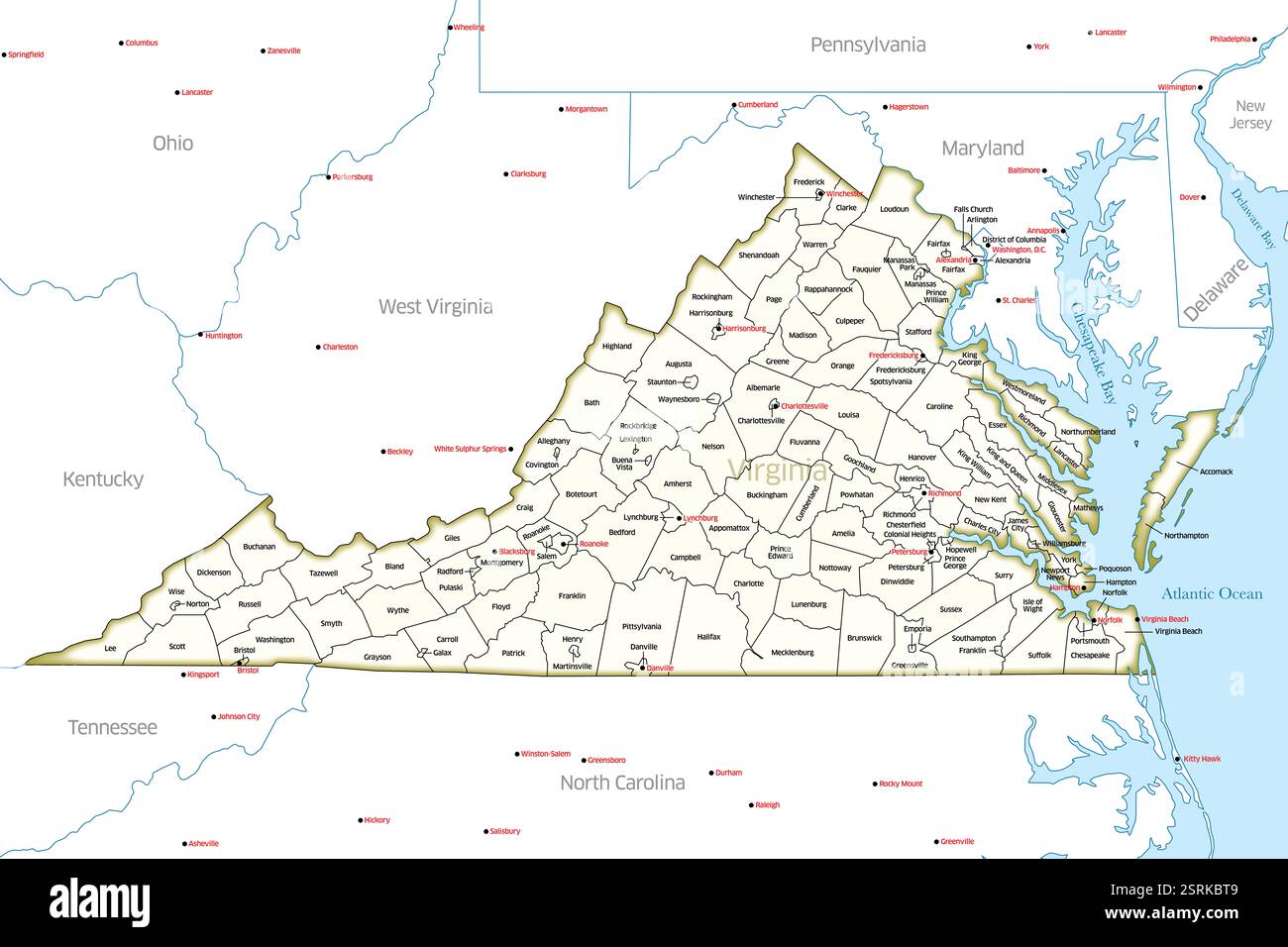 Detailed map of the state of Virginia, USA, showing its counties and major cities Stock Photo ...