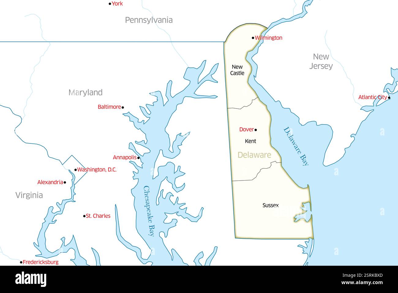 Detailed map of the state of Delaware, USA, showing its three counties ...