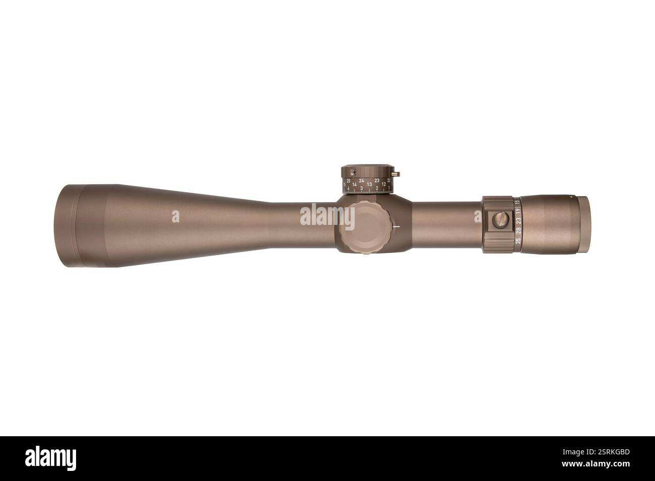 A high-end rifle scope with a matte brown finish, adjustable turrets ...