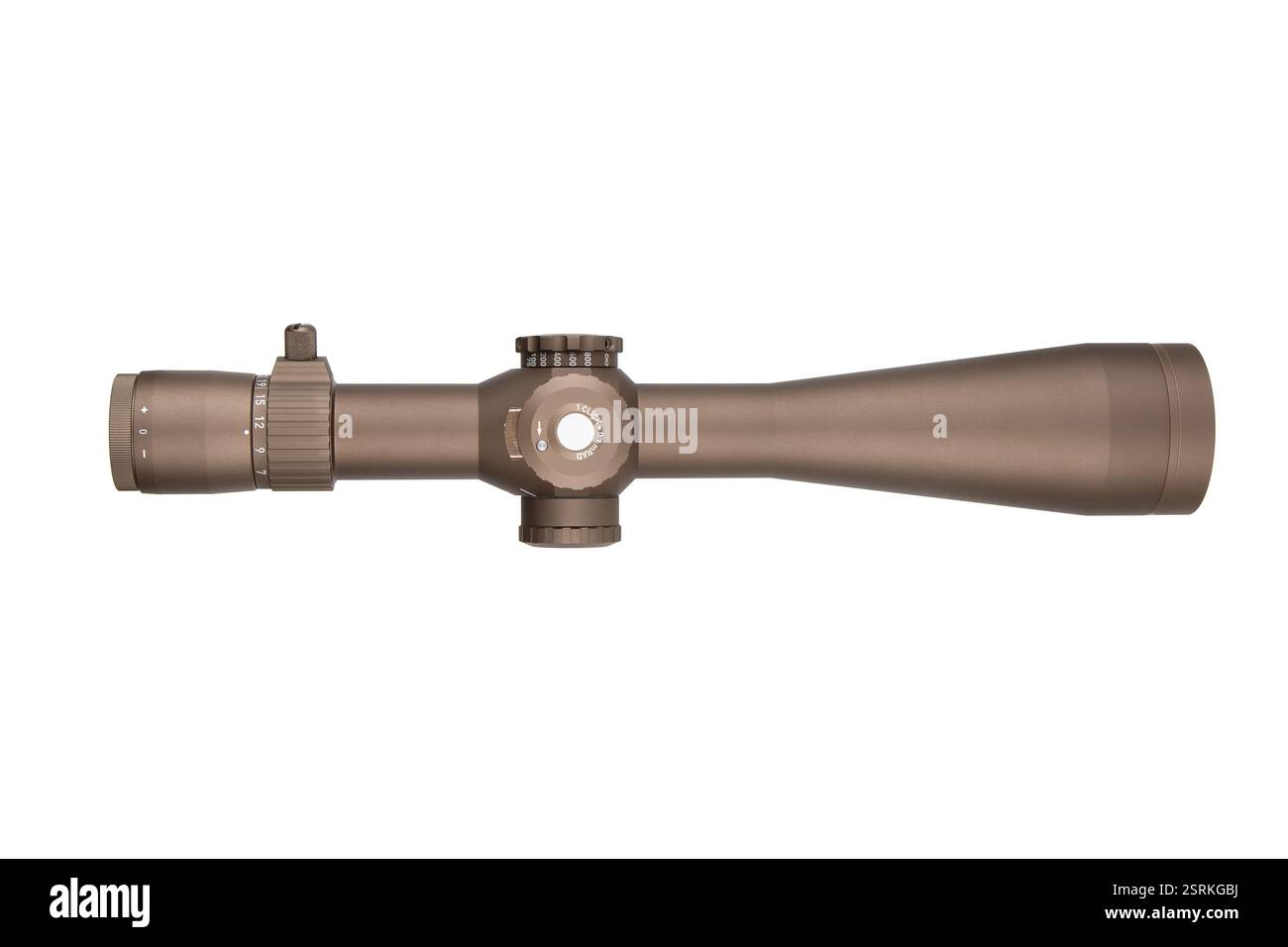 A high-end rifle scope with a matte brown finish, adjustable turrets ...