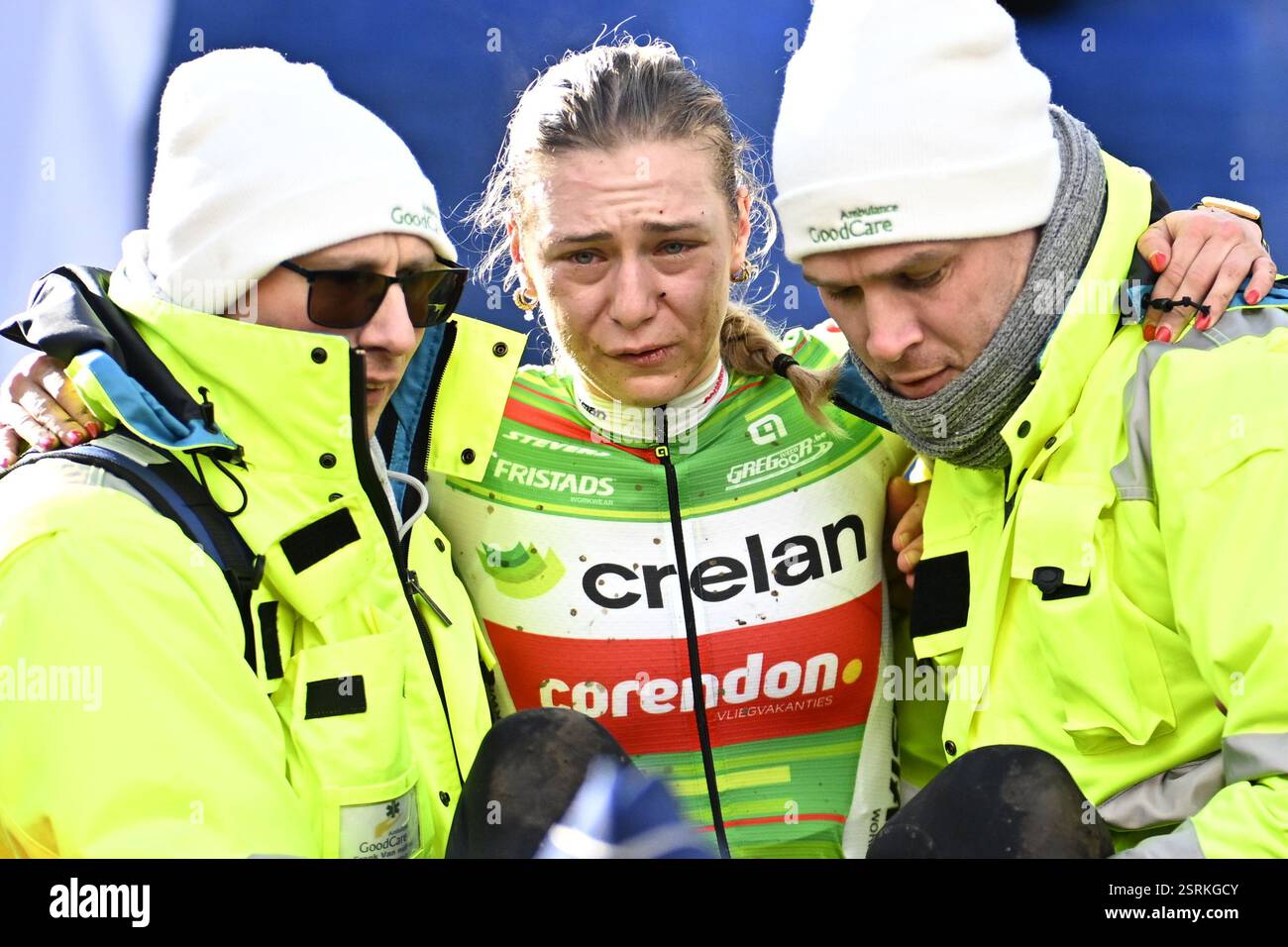 Brussels, Belgium. 16th Feb, 2025. Dutch Inge van der Heijden is injured during the women elite ...