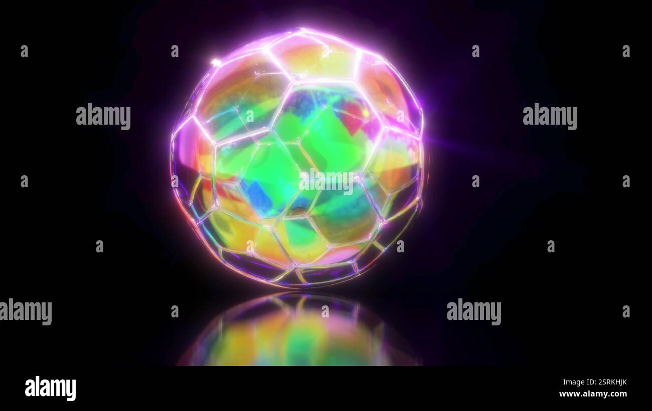 Glow beams Glass football on mirror floor 3d render Stock Photo - Alamy