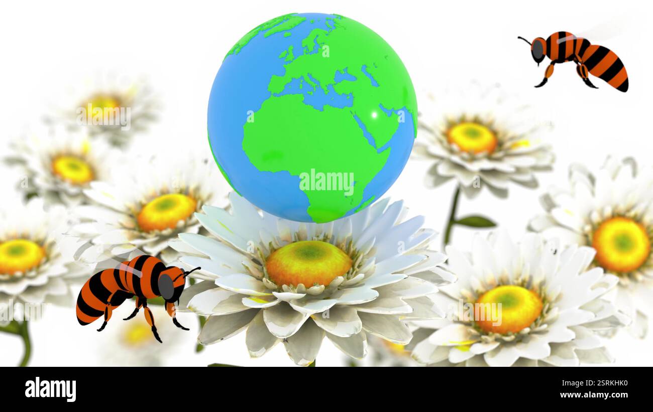 World bee day celebration planet Earth chamomile flowers 3d render ...
