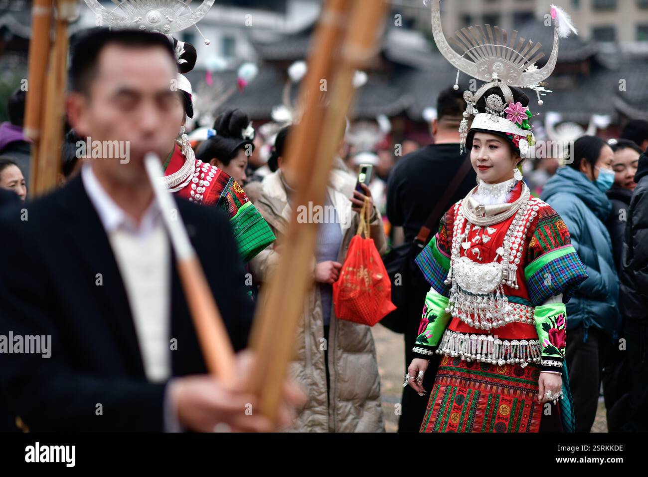 Kaili, China's Guizhou Province. 15th Feb, 2025. A girl of Miao ethnic ...