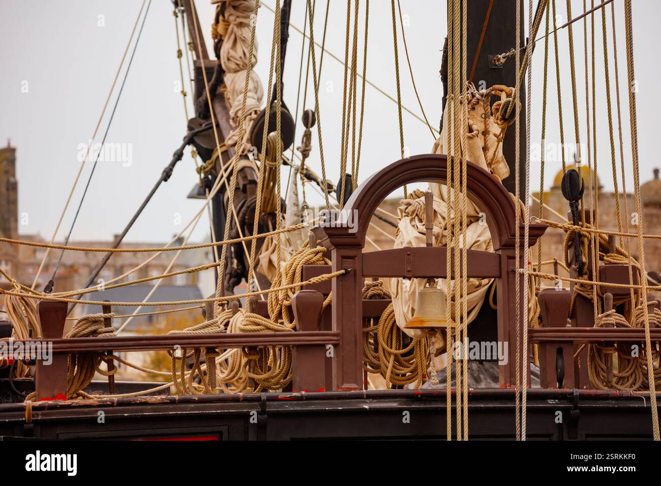 Intricate rigging on a historic sailing ships masts and deck Stock ...