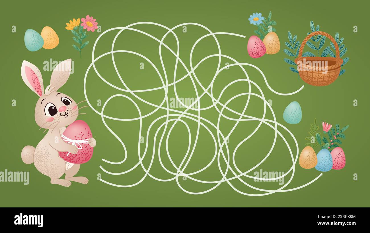 Cute easter bunny holding decorated egg trying to solve maze puzzle ...