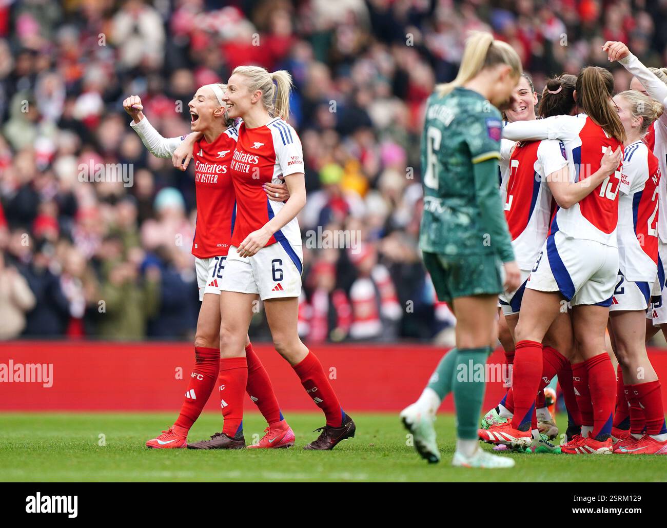 Arsenal's Chloe Kelly and Leah Williamson celebrate their side's fifth ...