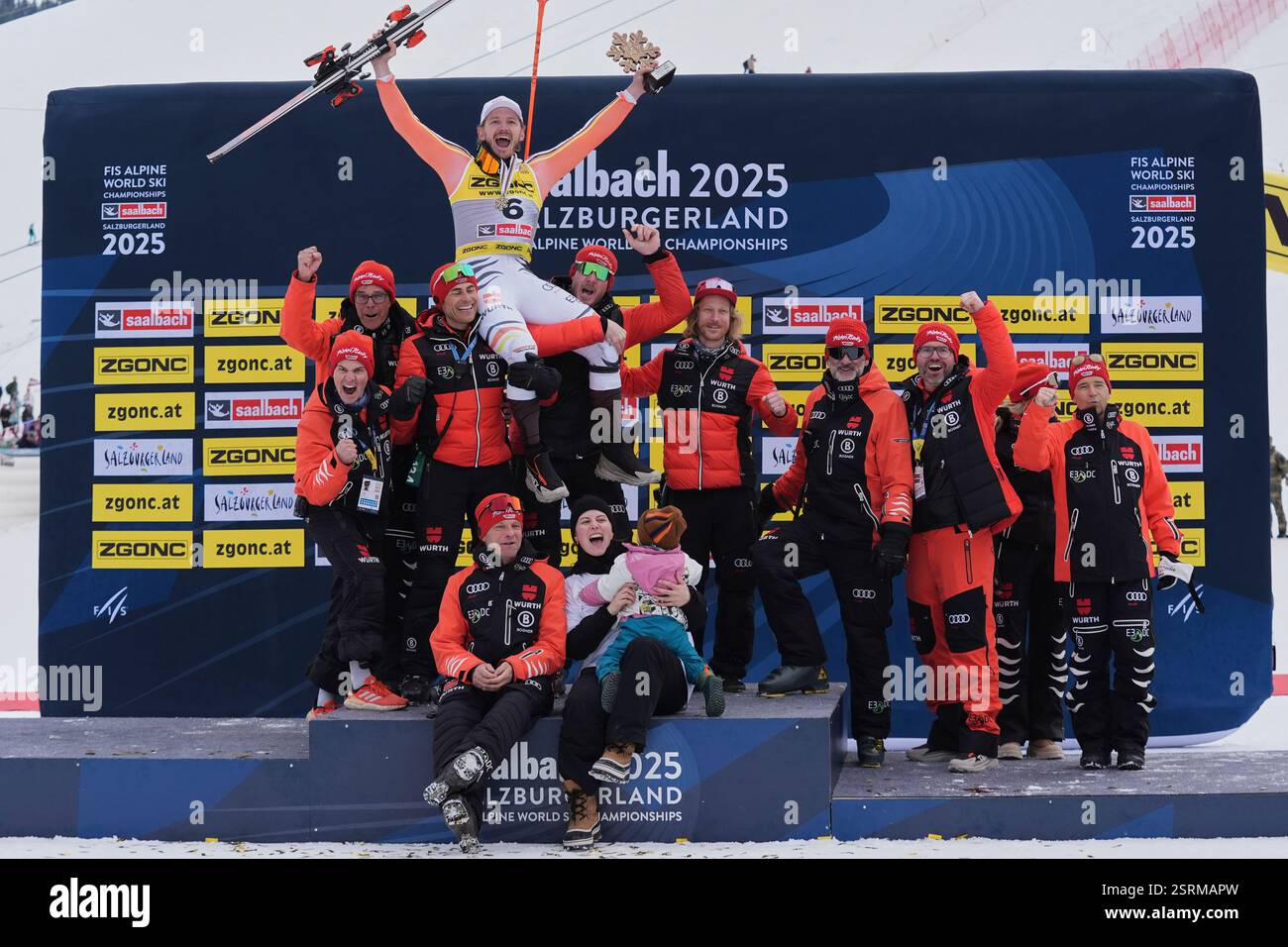 Germany's Linus Strasser celebrates his bronze medal in a men's slalom ...