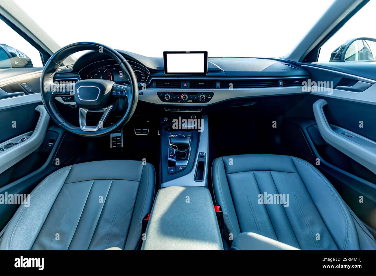 Inside of a luxury limousine, gray leather seats, white background ...
