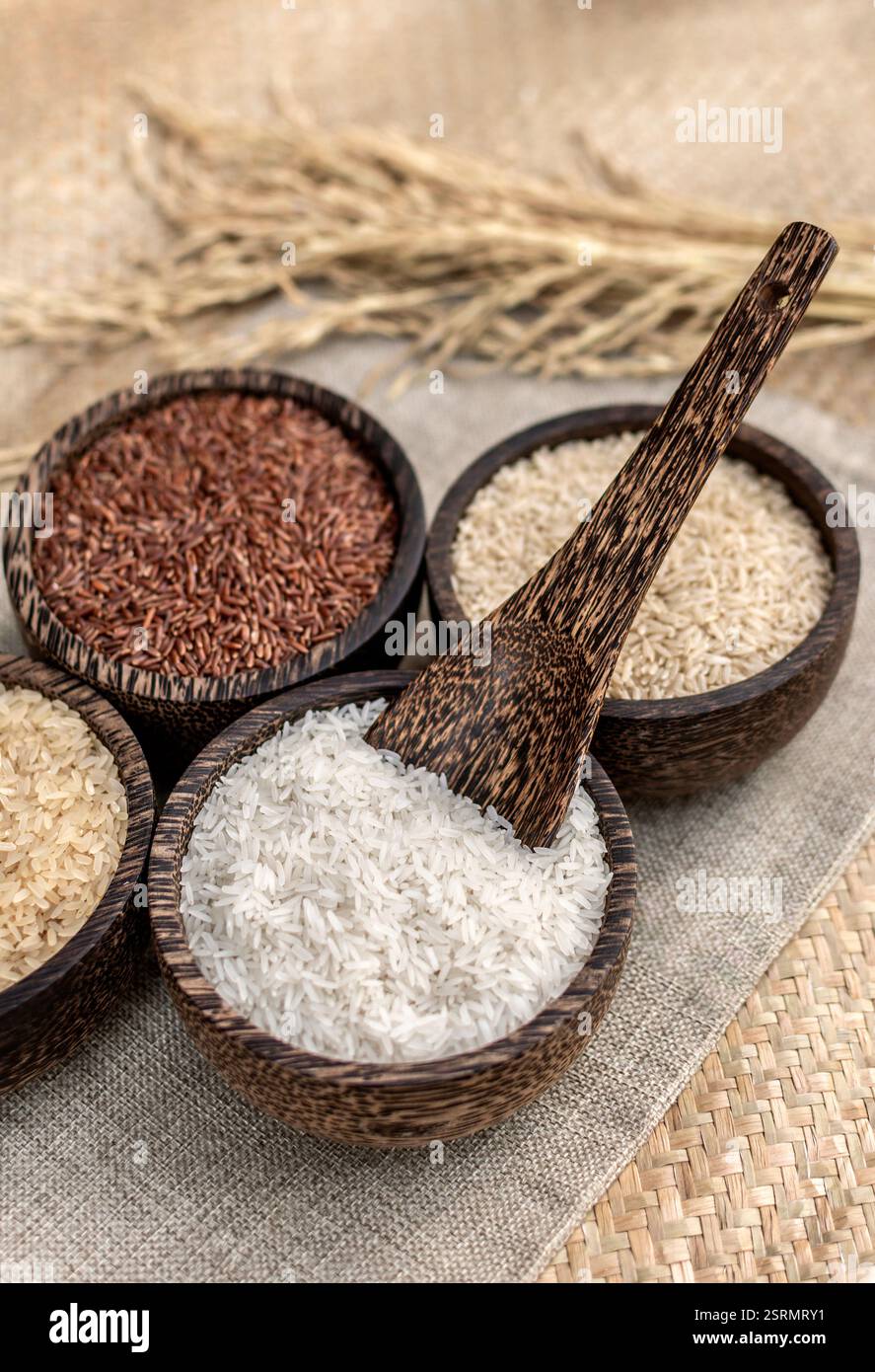 different kinds of asian rice grains in rustic setting display in ...