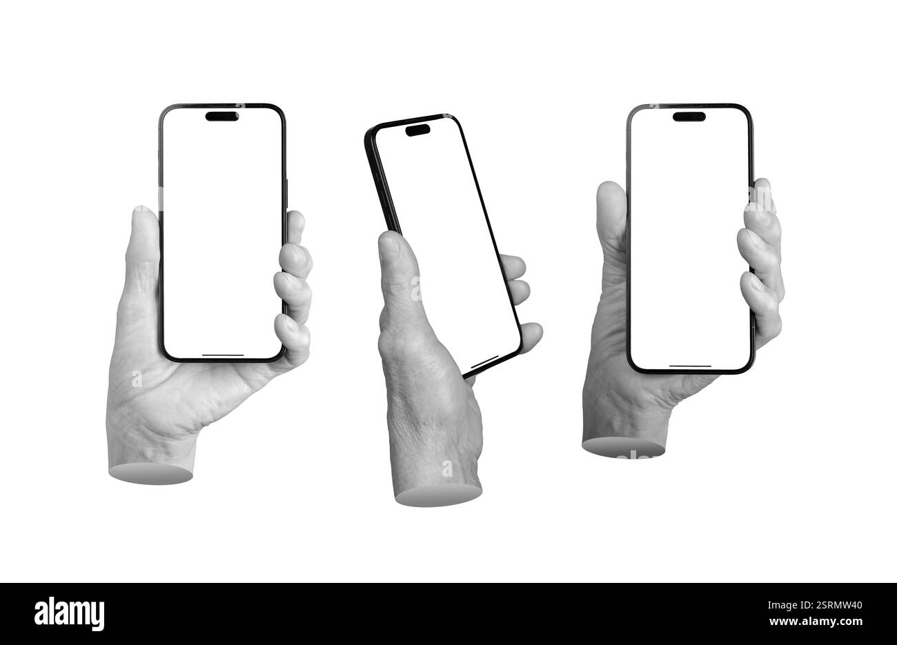 Set of elderly female hands holding smartphones with blank screens from ...