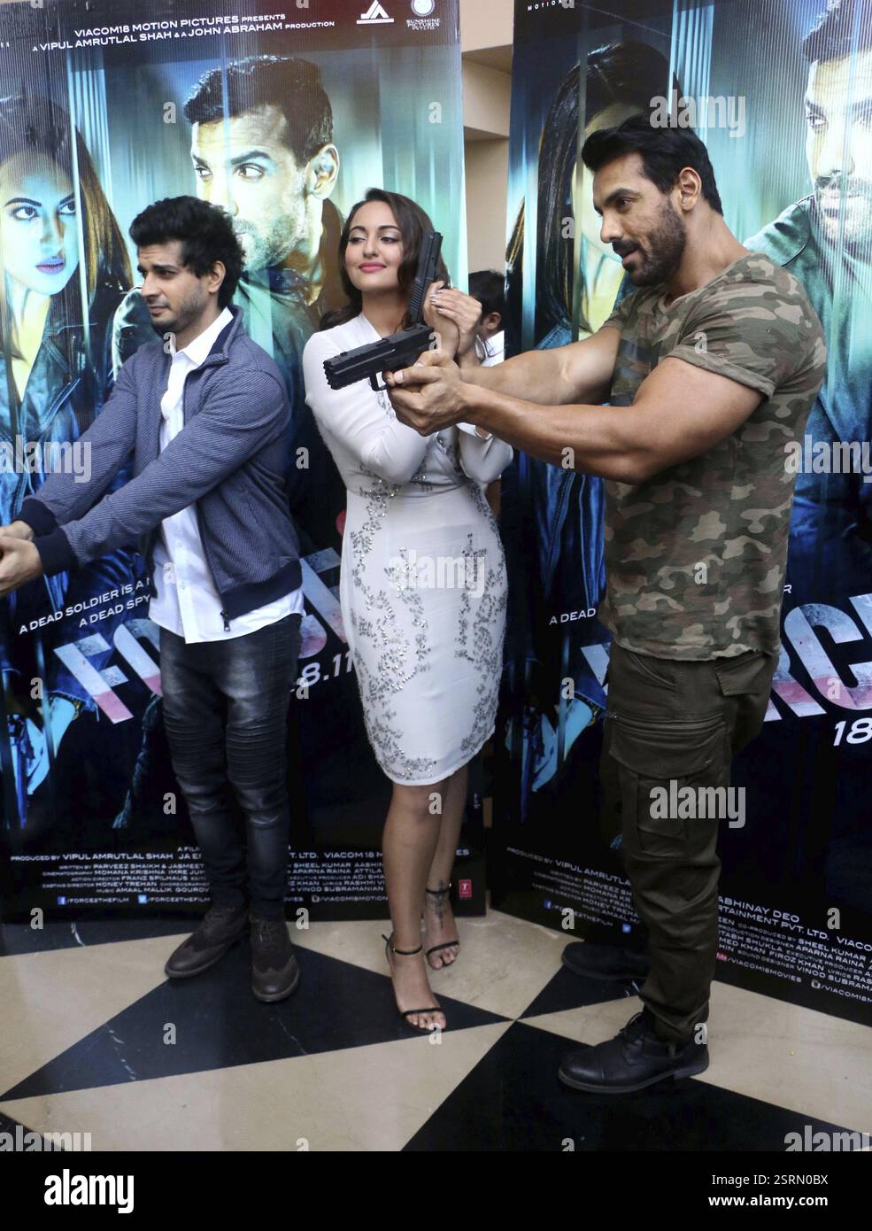 Bollywood actors Tahir Raj Bhasin, John Abraham and Sonakshi Sinha during the trailer launch of ...
